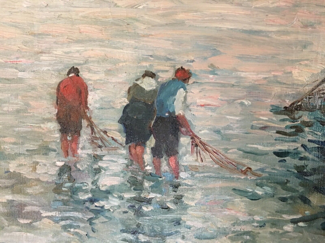 Marina con pescatori: dipinto ad olio, primi del ‘900 - Antiquando